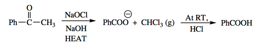 Solved Ph-C-CH NaOCl NaOH HEAT PhCOO CHCl3 (g) At RT, HCl | Chegg.com