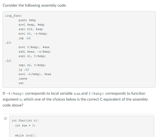 Solved Consider the following assembly code loop_func: pushl | Chegg.com