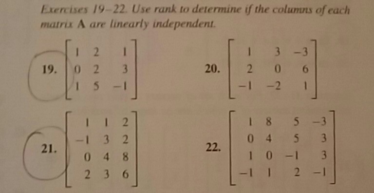 Solved Use rank to determine if the columns of each matrix A | Chegg.com