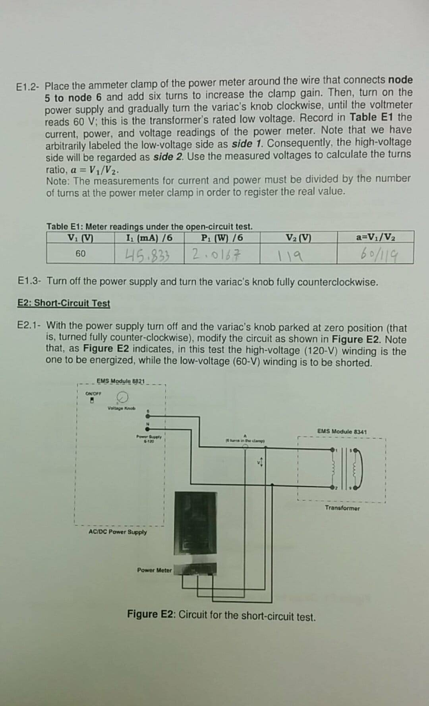 Solved 3. Experiments E1: Open-Circuit Test E1.1- With the | Chegg.com