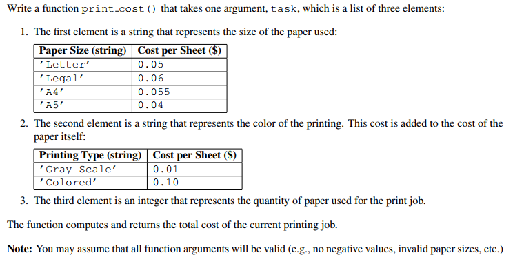 Solved Write a function print.cost ) that takes one | Chegg.com