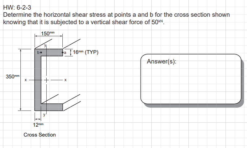 Solved Determine the horizontal shear stress at points a and | Chegg.com