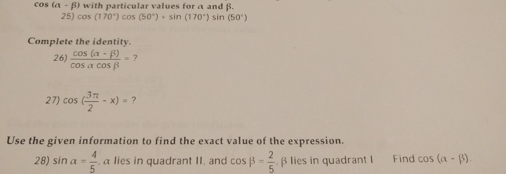 Solved cos (a-β) with particular values fora and β. 25) cos | Chegg.com