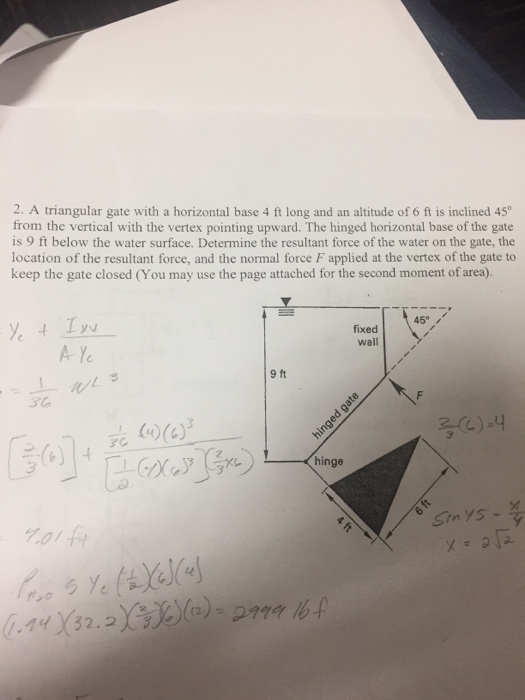 Solved A triangular gate with a horizontal base 4 ft long | Chegg.com