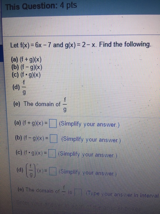 Solved Let f(x) = 6x - 7 and g(x) = 2 - x. Find the | Chegg.com Solved Let f(x) = 6x - 7 and g(x) = 2 - x. Find the | Chegg.com