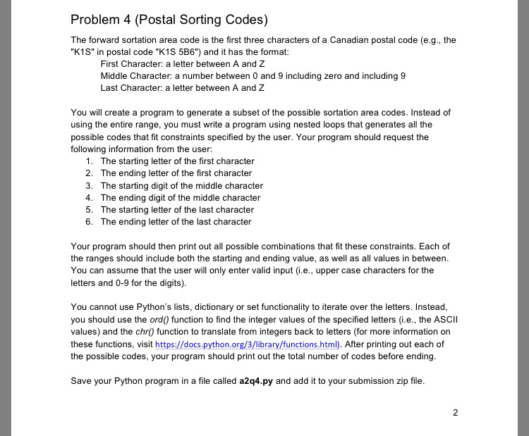 Solved The forward sortation area code is the first three | Chegg.com