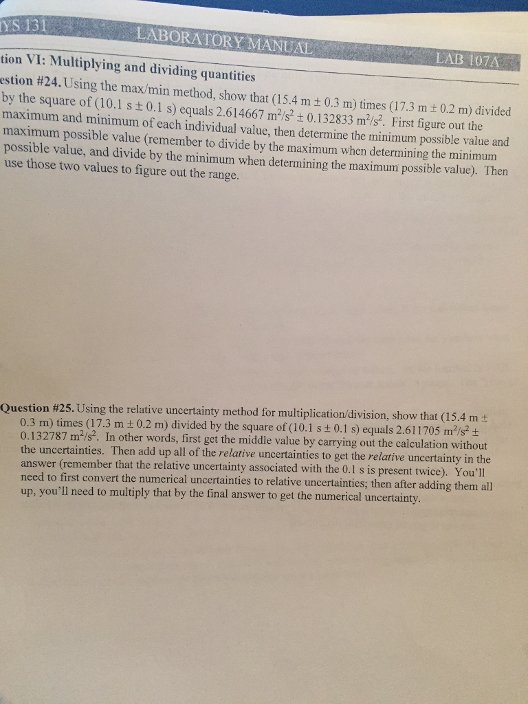 Solved LABORATORY MANUAL Relative uncertainty method for | Chegg.com