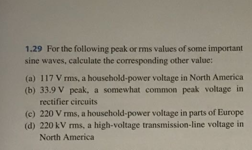 Solved 1.29 For the following peak or rms values of some | Chegg.com