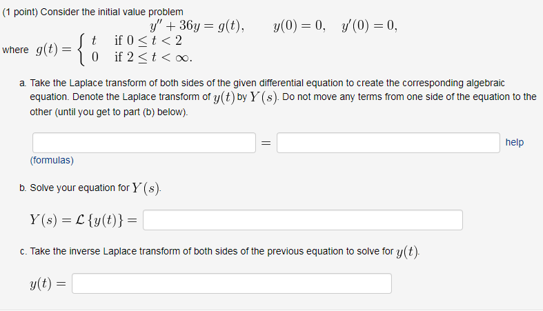 Solved (1 point) Consider the initial value problem y" + 36y | Chegg.com