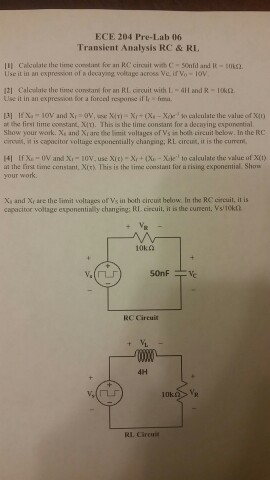 Solved ECE 204 Pre-Lab 06 Transient Analysis RC & RI, he | Chegg.com