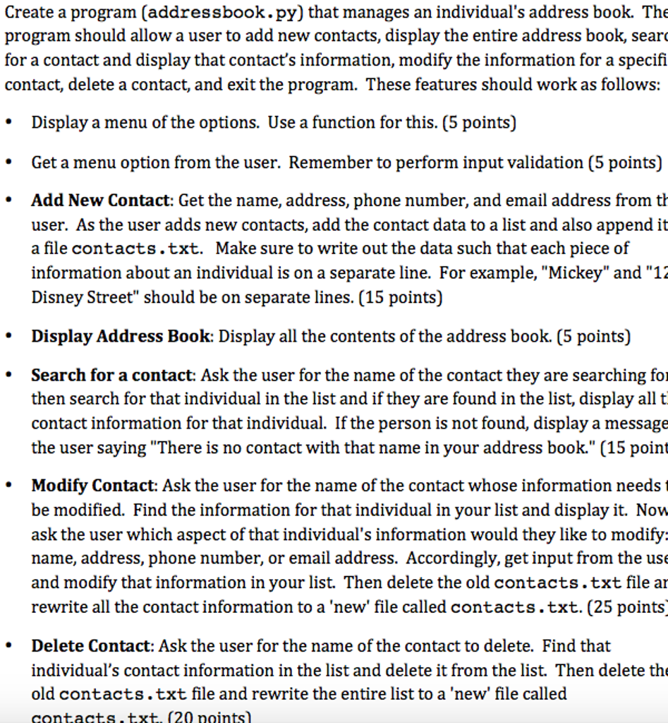Solved Create a program (addressbook.py) that manages an | Chegg.com