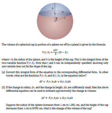 (a The olume of a spherical cap (a portion of a | Chegg.com