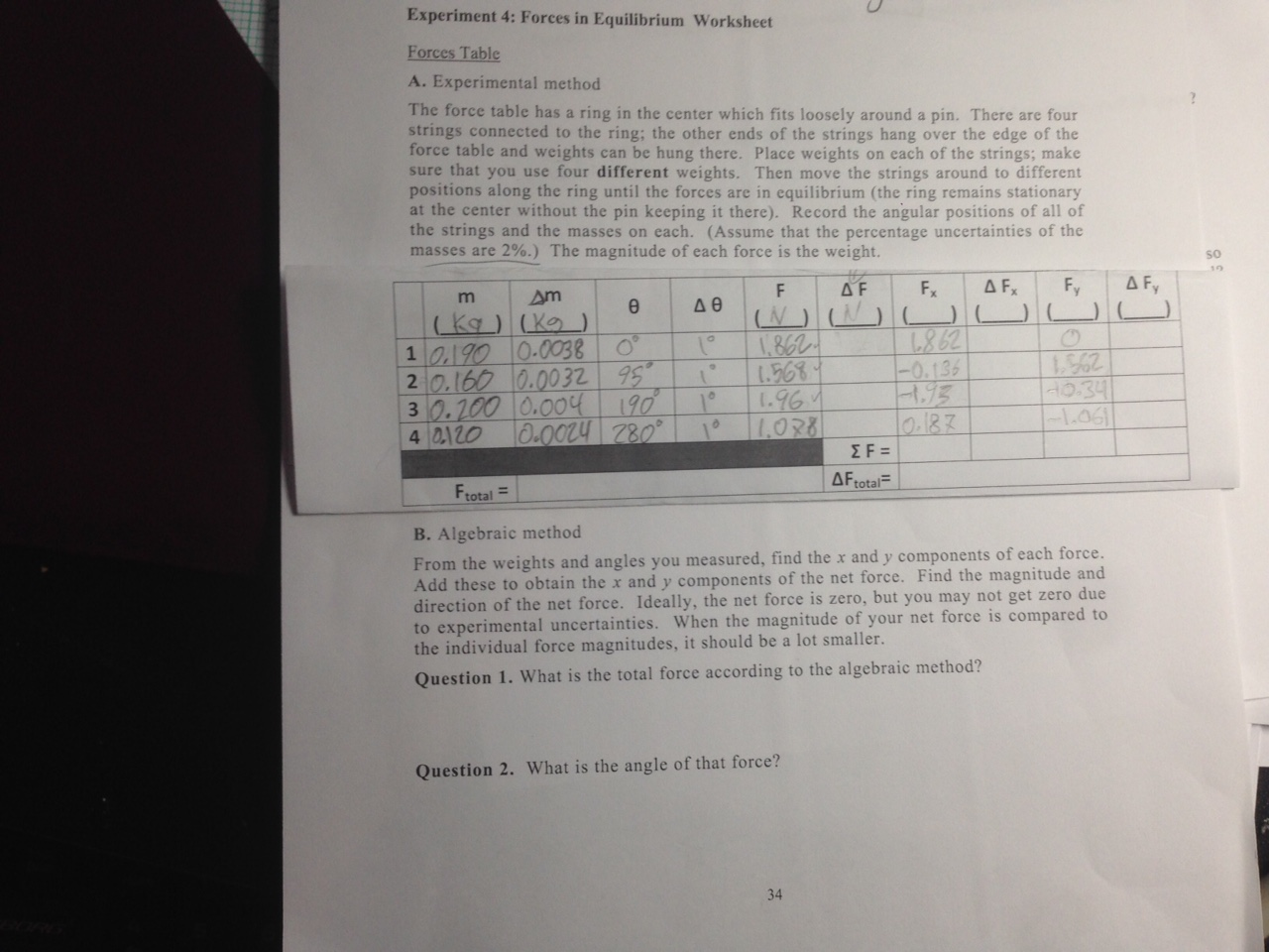 Solved Experiment 4: Forces in Equilibrium Worksheet Forces | Chegg.com