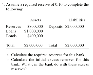 Solved Assume a required reserve of 0.10 to complete the | Chegg.com