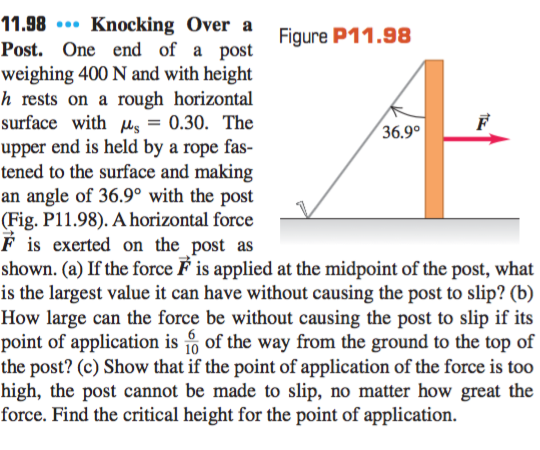 Solved Knocking Over a Post. One end of a post weighing 400 | Chegg.com