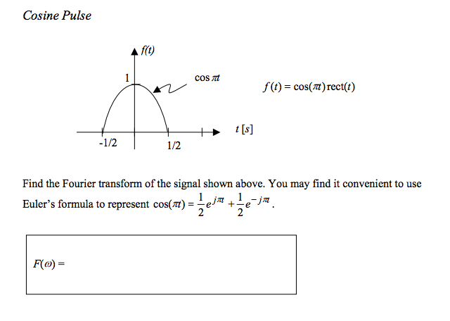 Solved Cosine Pulse f(t) = cos (pi t)rect(t) Find the | Chegg.com