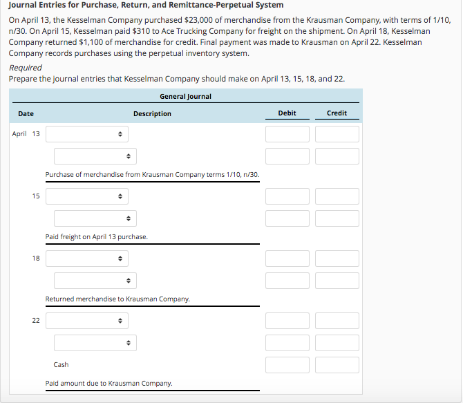 Solved Journal Entries for Purchase. Return, and | Chegg.com