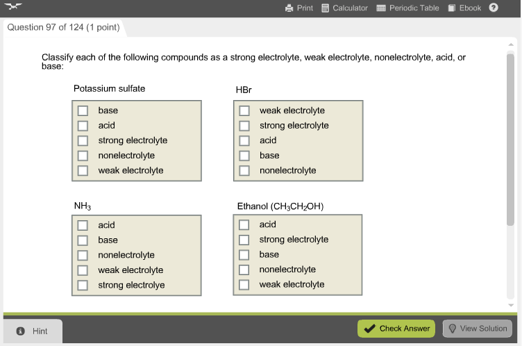 Solved Classify each of the following compounds as a strong | Chegg.com