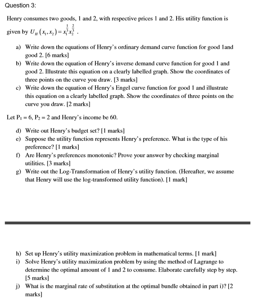 Solved Henry consumes two goods, 1 and 2, with respective | Chegg.com