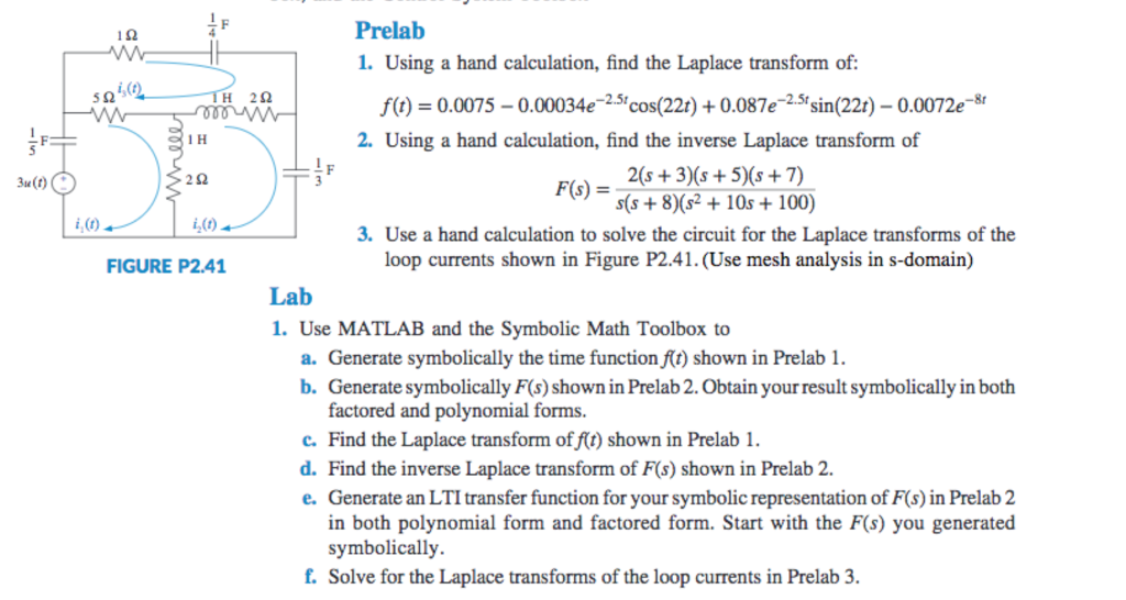 Solved Prelab 1. Using a hand calculation, find the Laplace | Chegg.com