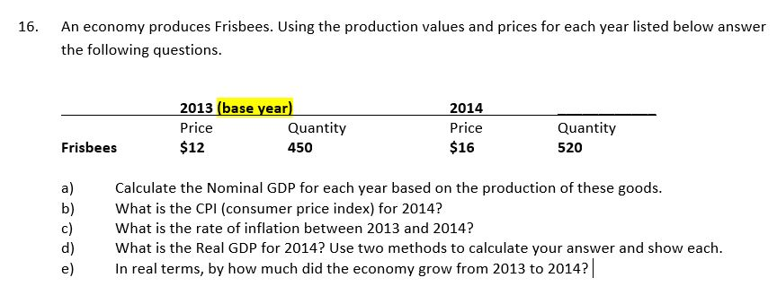 An economy produces Frisbees. Using the production | Chegg.com