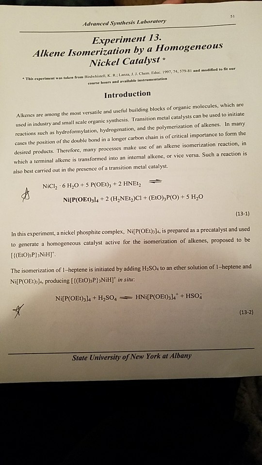 Solved Advanced Synthesis Laboratory Experiment 13. Alkene | Chegg.com