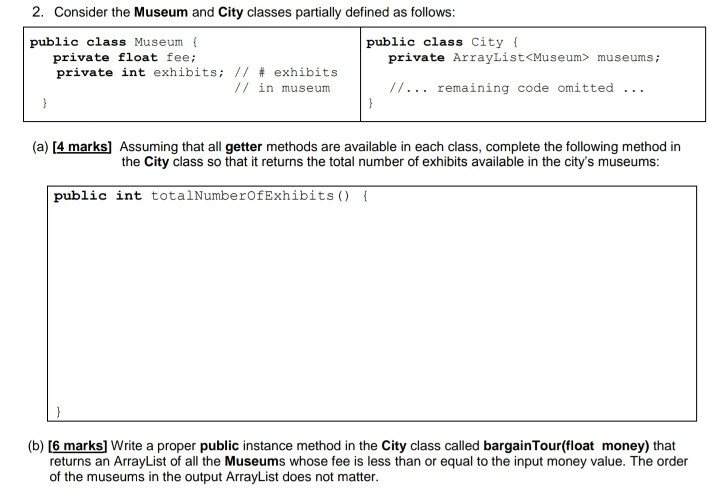 Solved 2. Consider the Museum and City classes partially | Chegg.com