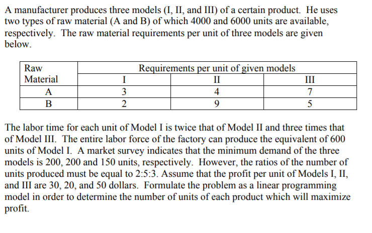 Solved A manufacturer produces three models (I, II, and III) | Chegg.com