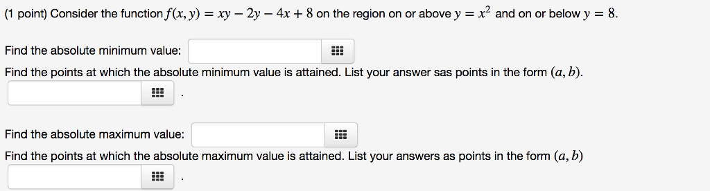 Solved (1 point) Consider the functionf(x, y) = xy-2y-4x + 8 | Chegg.com