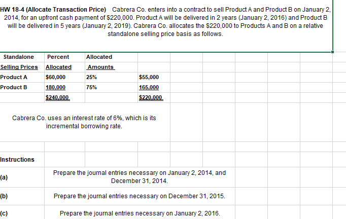 Solved HW 18-4 (Allocate Transaction Price) Cabrera Co. | Chegg.com