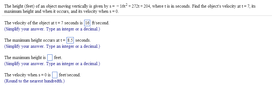 Solved The height (feet) of an object moving vertically is | Chegg.com