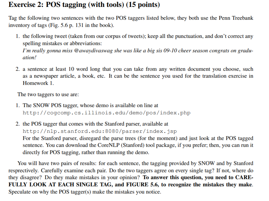 Solved Exercise 2: POS tagging (with tools) (15 points) Tag | Chegg.com