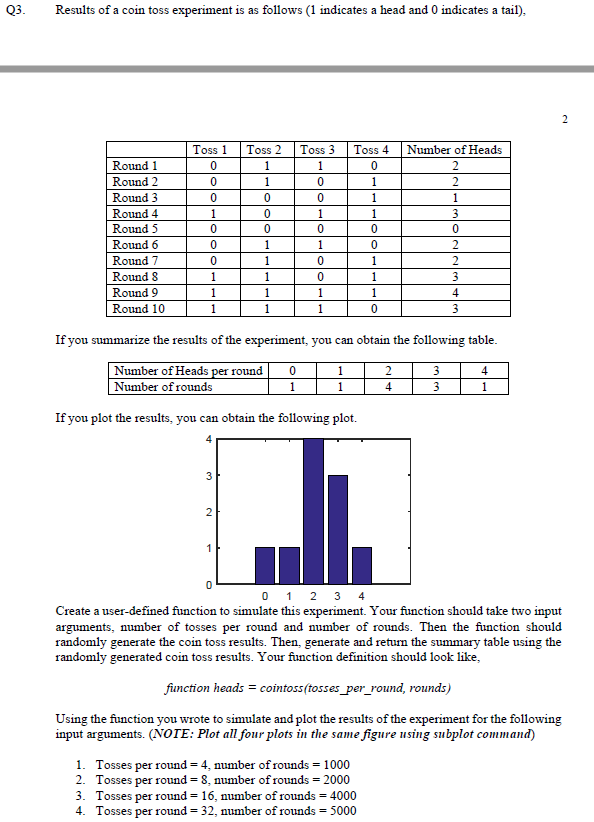 Solved USING MATLAB Results of a coin toss experiment is | Chegg.com
