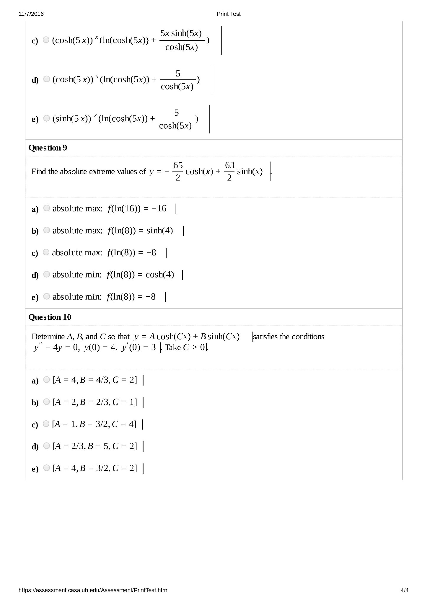 Solved 11/7/2016 Print Test b) 5[cosh(5x)] 2-[sinh(5 x)] 21 | Chegg.com