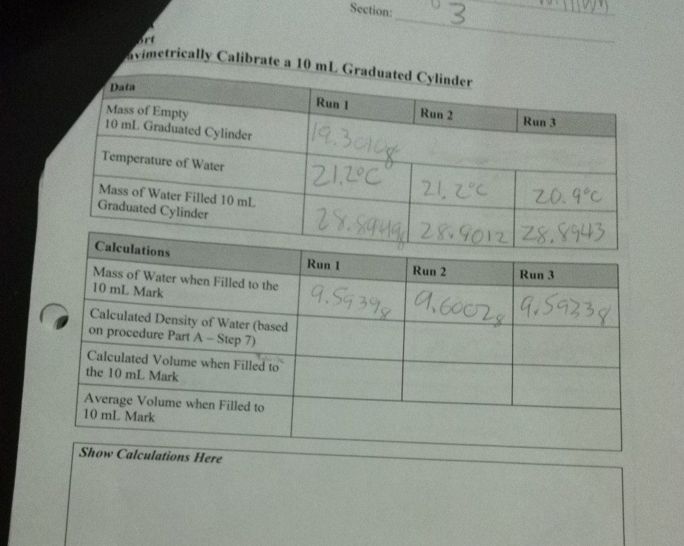 Solved Section: rt vinetrically Calibrate a 10 ml. Graduated | Chegg.com