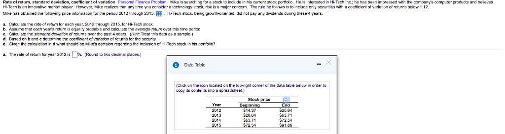 Solved Rate of return, standard deviation, coefficient of | Chegg.com