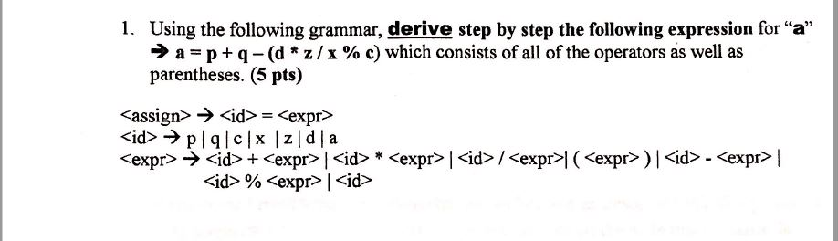 Solved I. Using the following grammar, derive step by step | Chegg.com