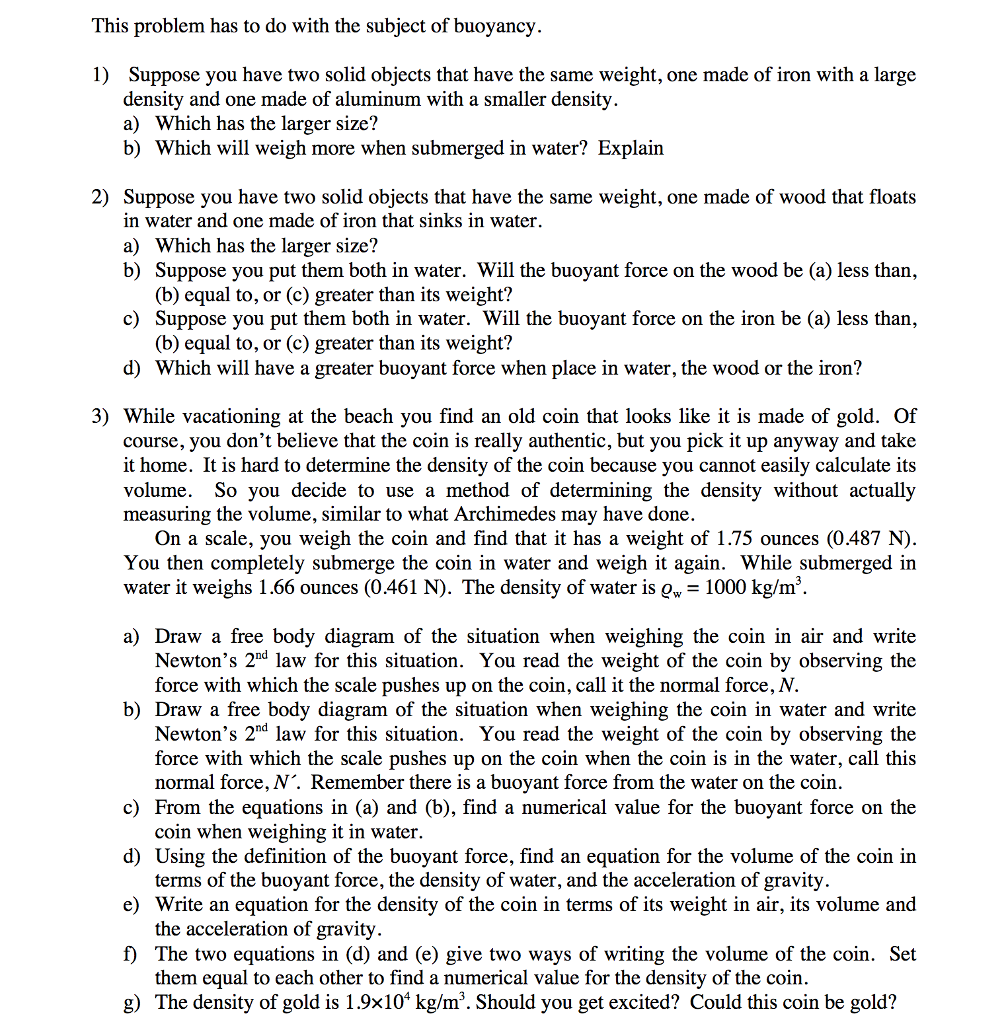 Solved This problem has to do with the subject of buoyancy. | Chegg.com