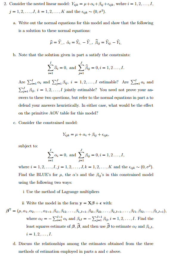 Consider The Nested Linear Model Yijk Mu 