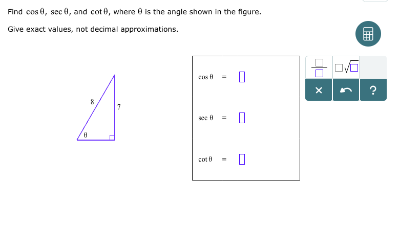 Solved Find cos theta, sec theta, and cot theta, where theta | Chegg.com