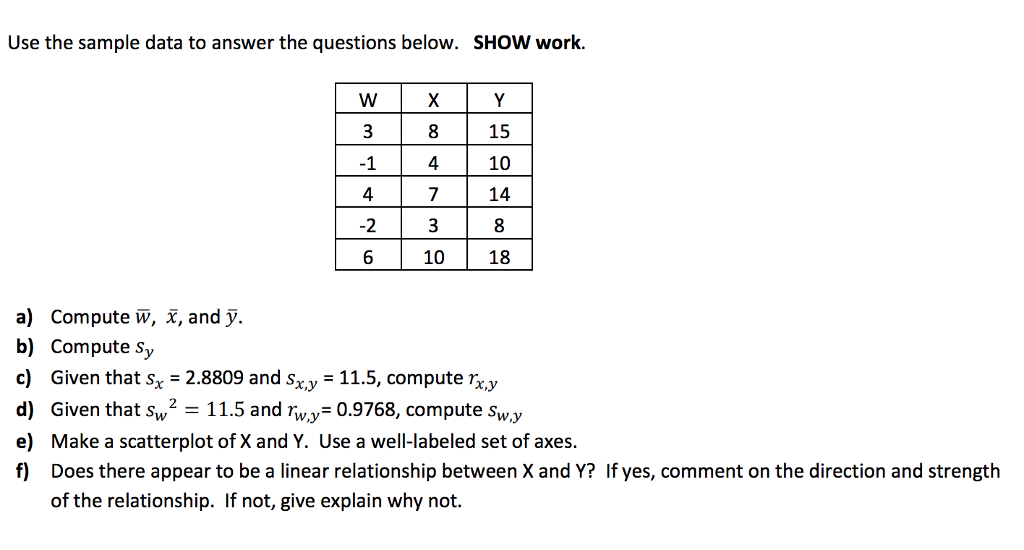 Solved Use the sample data to answer the questions below. | Chegg.com