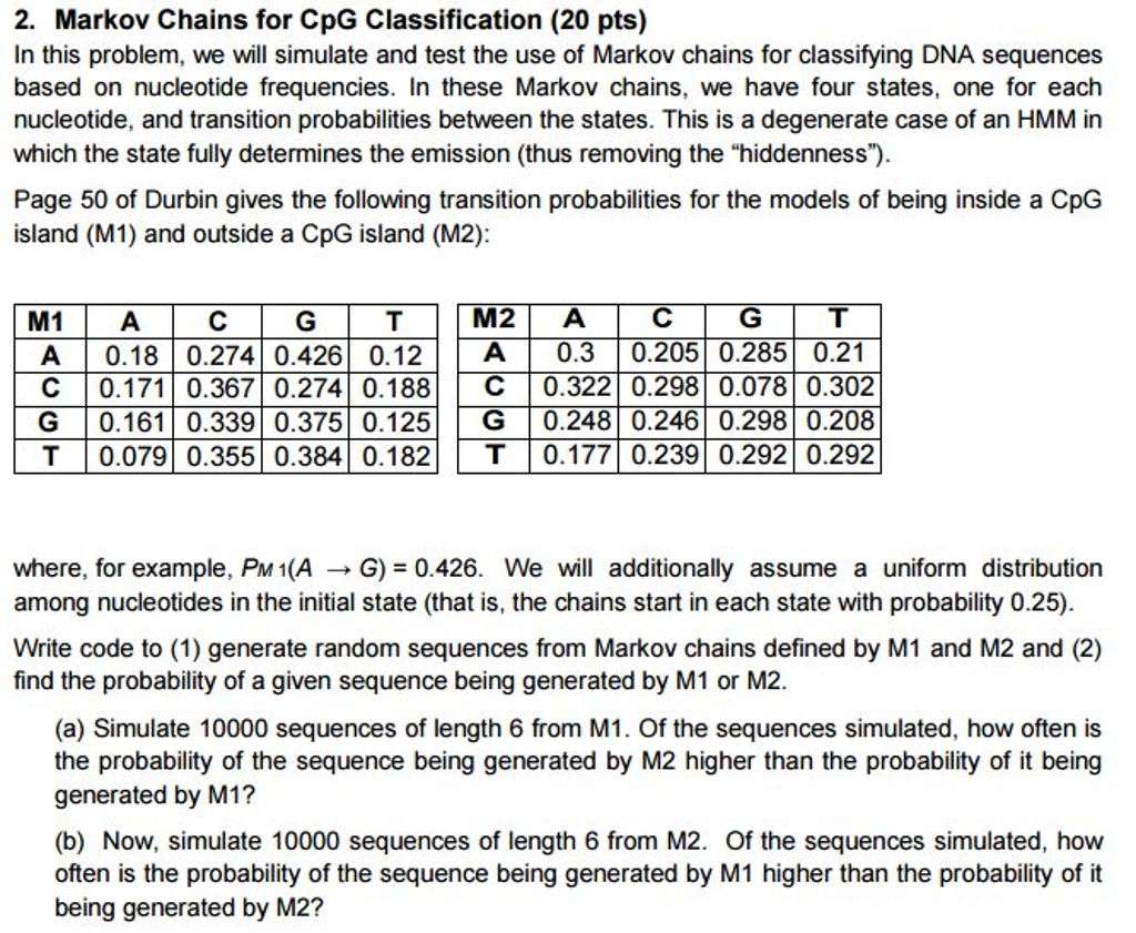 Solved 2. Markov Chains for CpG Classification (20 pts) In | Chegg.com