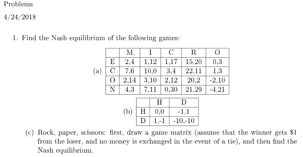 Solved Problems 4/24/2018 1. Find the Nash equilibrium of | Chegg.com