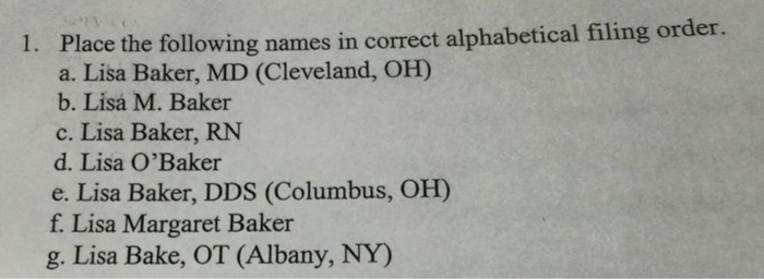Solved Place the following names in correct alphabetical | Chegg.com