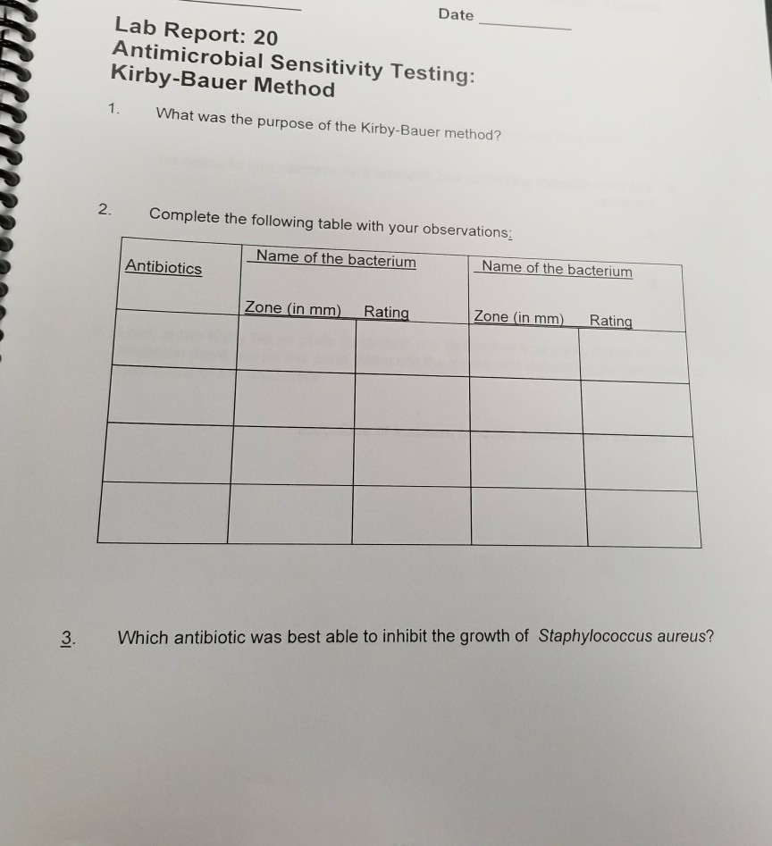 Solved Date Lab Report: 20 Antimicrobial Sensitivity | Chegg.com Solved Date Lab Report: 20 Antimicrobial Sensitivity | Chegg.com