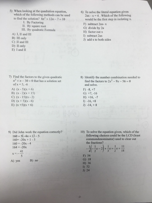 Solved 5) When looking at the quadration equation, which of | Chegg.com