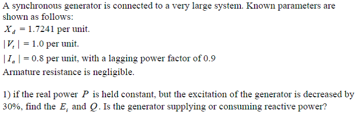 Solved A synchronous generator is connected to a very large | Chegg.com