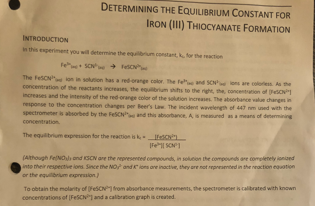 DETERMINING THE EQUILIBRIUM CONSTANT FOR IRON (101) | Chegg.com