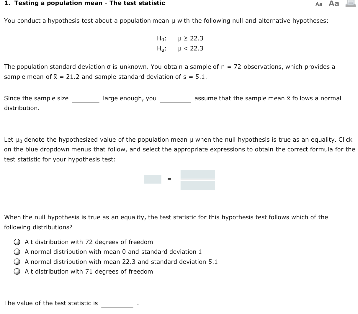 Solved Aa Aa E 1. Testing a population mean The test | Chegg.com
