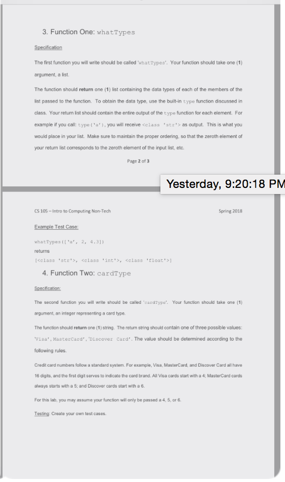 Solved 3. Function One: whatTypes Specification The first | Chegg.com